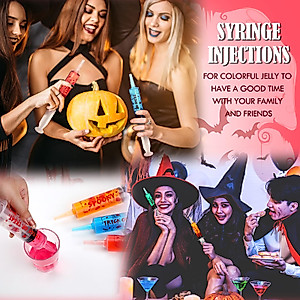 Poen 48 Pack Jelly Shot Syringes with Cap for Halloween Party 2oz 60ml Reusable Containers with Lids Plastic Tubes Boo Spooky Trick or Treat Happy Halloween Bloody Handprint Drink Syringes for Parties