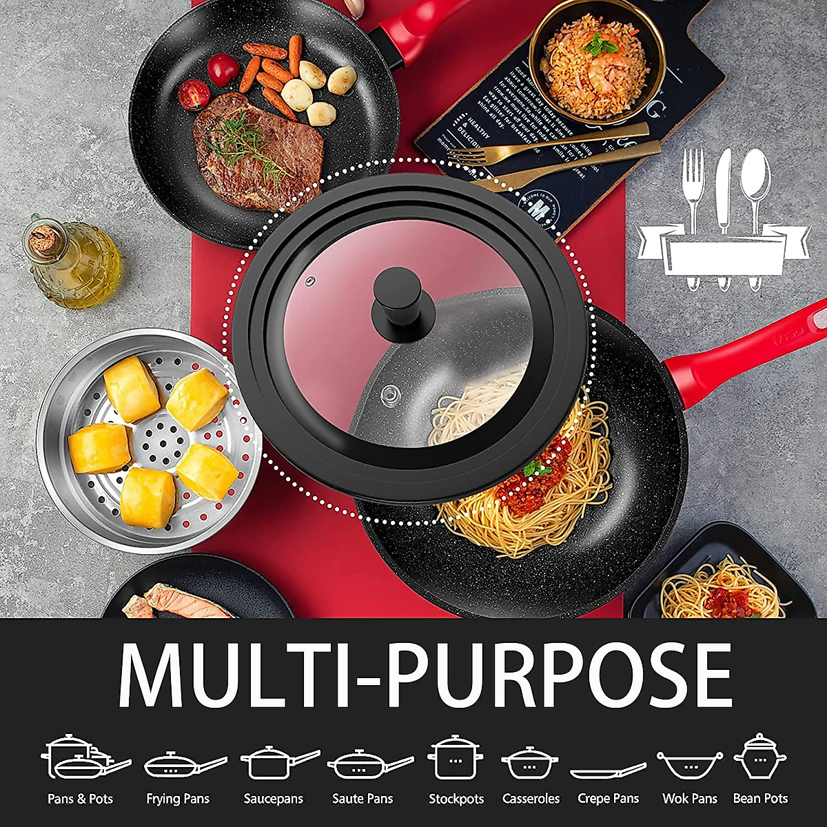 Universal Lid for Pots, Pans and Skillets - Tempered Glass with Heat Resistant Silicone Rim and Heat Resistant Handle Fits 6.5", 7" and 8" Diameter Cookware, Black