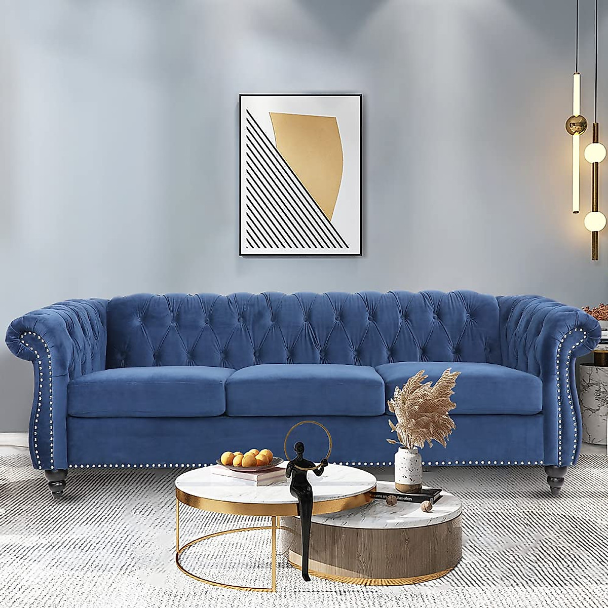 LEVNARY Three-Seat Velvet Sofa, Large Sofa Classic Tufted Chesterfield Settee Modern 3 Seater Couch Furniture Tufted Back for Living Room, Blue