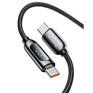 Baseus PD 100W USB C to USB C Cable, 5A Fast Charging USB C Cable with LED Display, Zinc Alloy Nylon Braided Type C Cable 6.6ft for Samsung S21 S20 Note 20 MacBook Pro Google Pixel etc