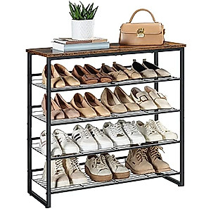 HOOBRO Shoe Rack, 5 Tier Shoe Organizer, Adjustable Shoe Shelves, Flat or Slanted, Holds 16-20 Pairs, Stable and Durable for Entryway, Closet, Rustic Brown and Black BF08XJ01