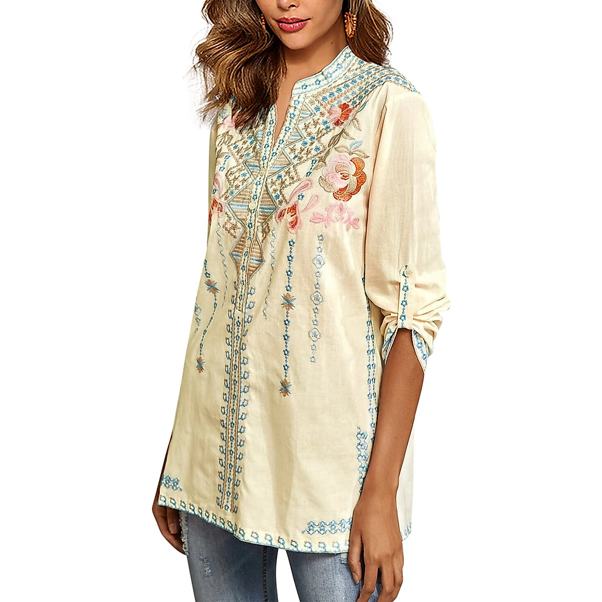 AK Women's Embroidered Tops Mexican Shirt V Neck Summer Casual Tops Peasant Tunic Loose Blouse (Small, 127-Yellow)