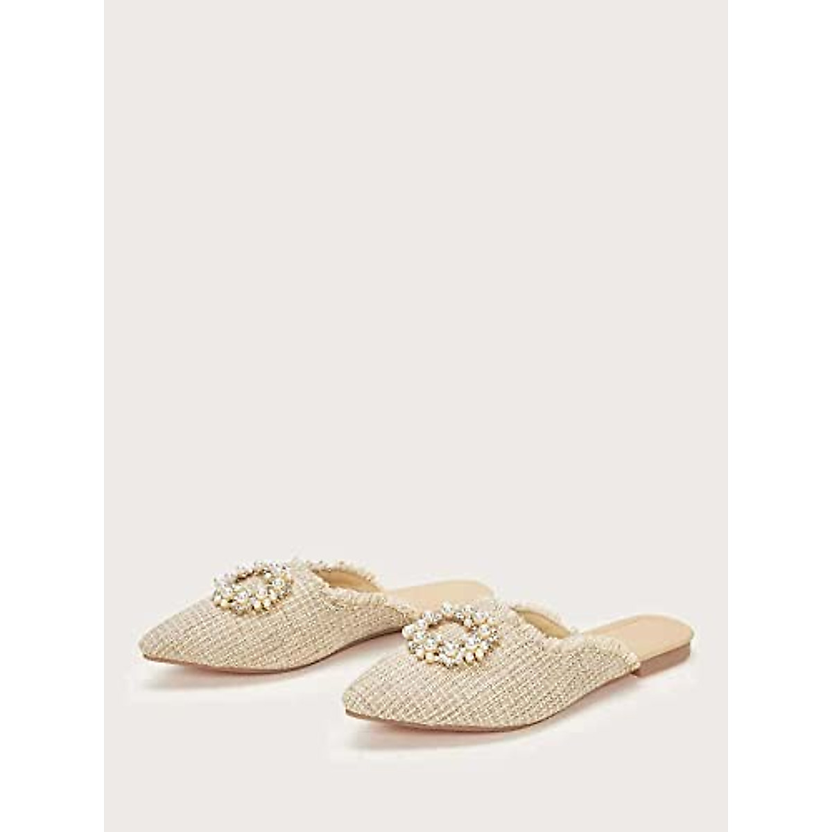 WDIRARA Women's Pointed Toe Flat Mules Slip On Faux Peals Raw Trim Loafer Slides Beige EUR39