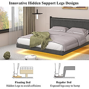 Gyfimoie Queen Floating Bed Frame with LED Light, Modern Upholstered Platform Bed Frame with Double Beams, No Box Spring Needed, Innovative Stable Structure, Easy Assemble