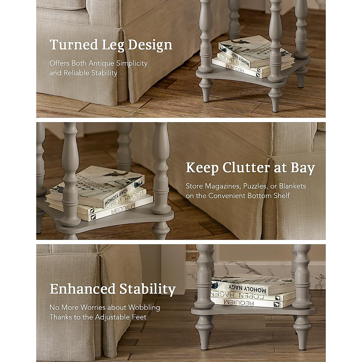 VONLUCE French Country End Table, 19'' Round Farmhouse Side Table, Distressed Wood Tray Top Rustic Accent Table for Living Room Bedroom, Small Space, Gray