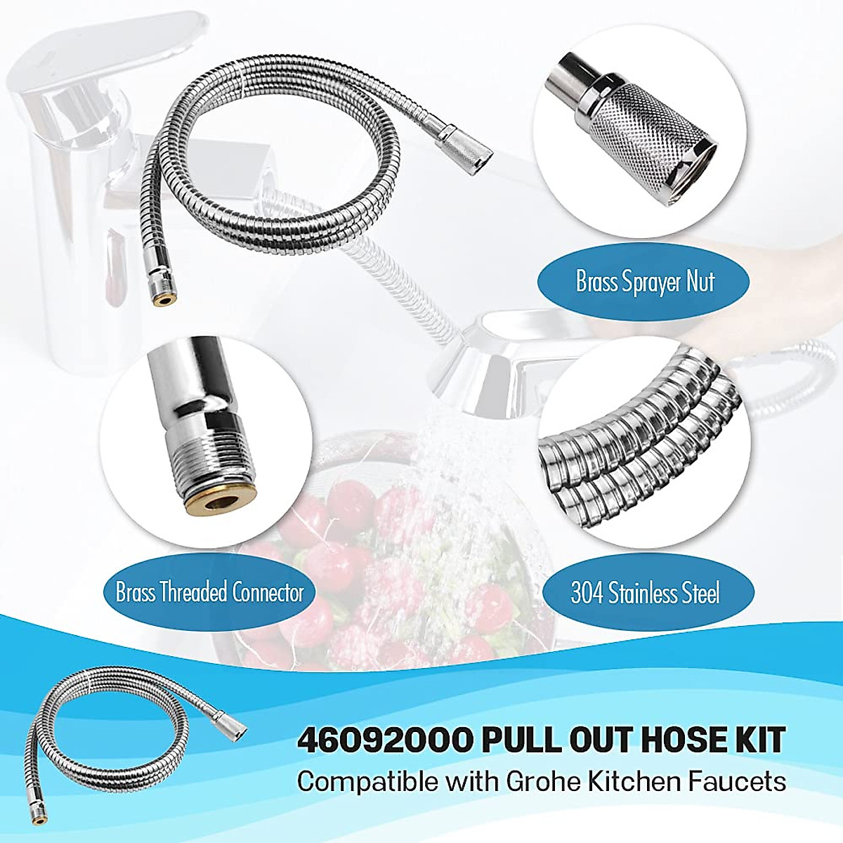 Pull Down Kitchen Faucet Hose Faucet Extender 46092000, Sink Hose Attachment for Faucet for Grohe Kitchen Faucets, Alira and Ladylux and Euro Plus, 59" Inches Chrome Finish