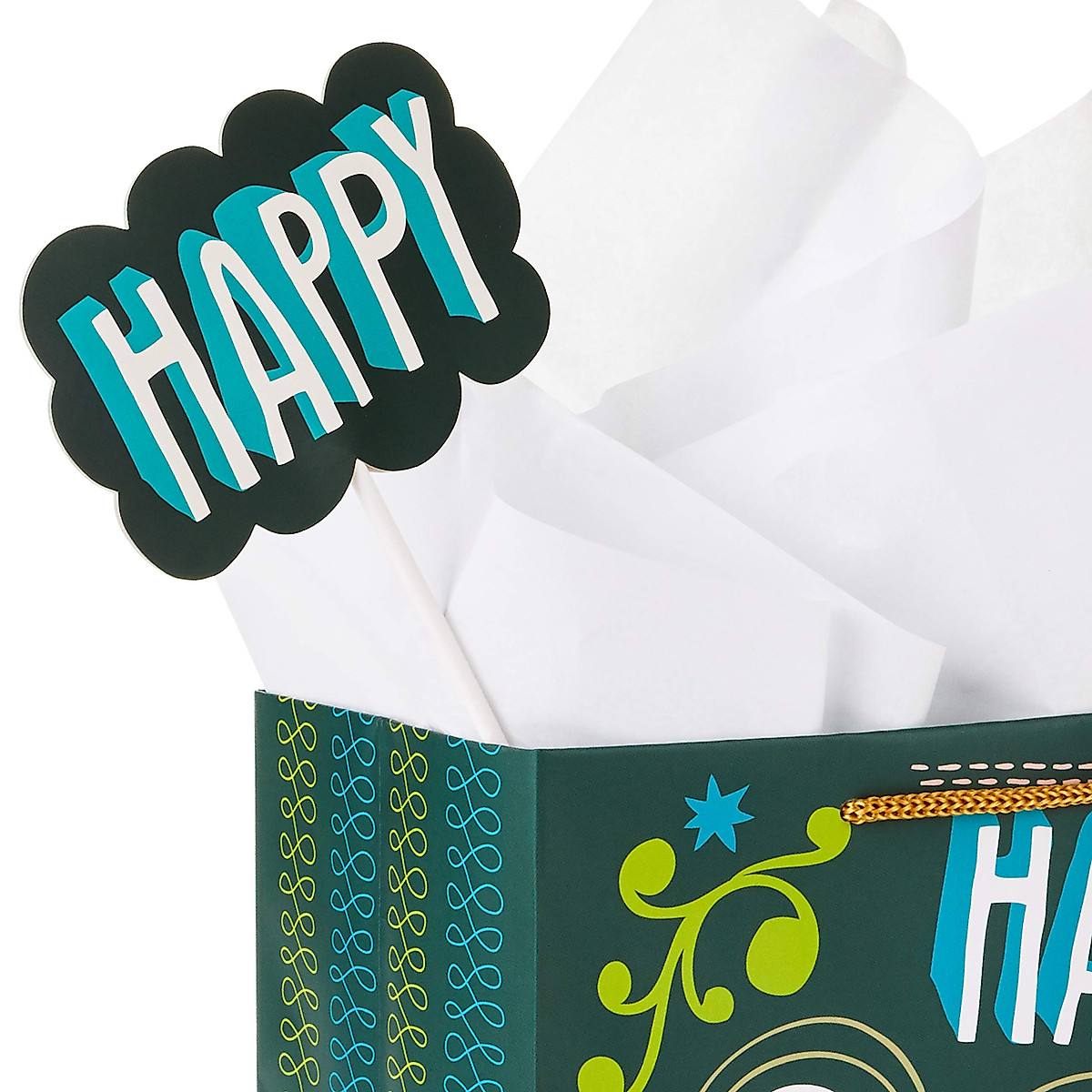 Hallmark 9" Medium Birthday Gift Bag with Tissue Paper and Mini Signs (Happy Happy Birthday, Green, Grey, Blue Hand lettering)