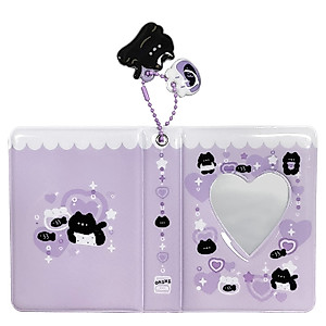 3 Inch Mini Photo Album, Heart Hollow Card Binder Photo Album Kpop Photo Card Holder with Pendant 40 Pockets (purple black cat)