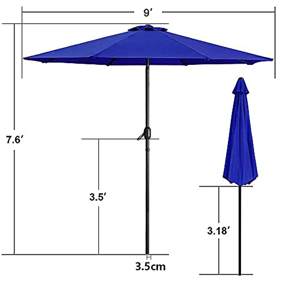 choicehot Patio Umbrella 9‘ Outdoor Patio Market Umbrella for Garden, Pool, Backyard Round Umbrella with Crank System and Tilt，8 Ribs - Blue