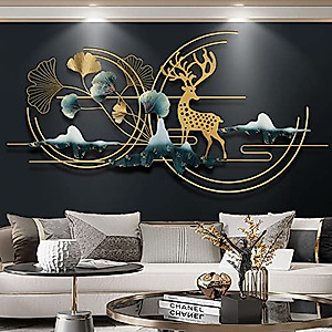 POCHY Metal Wall Art Ginkgo Leaf Wall Decoration Golden Deer Wall Art Wall-Mounted Sculpture for Sofa Background Study office 3D Hanging Size:130x65cm