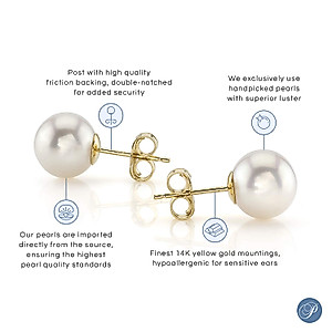 THE PEARL SOURCE 14K Gold 8-9mm Round White Freshwater Cultured Pearl Stud Earrings for Women