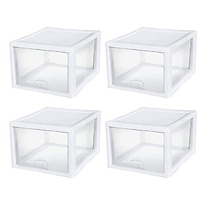 Sterilite 27 Quart White Frame Clear Plastic Stackable Storage Container Bin w/Single Drawer, 4 Pack