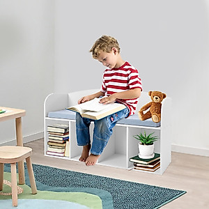 TFCFL Kids Bookshelf with Reading Nook, Book Display Case with Soft Cushion, Storage Bench with Book Rack, Low Square Book Cabinet, for Living Room Bedroom Decor Books