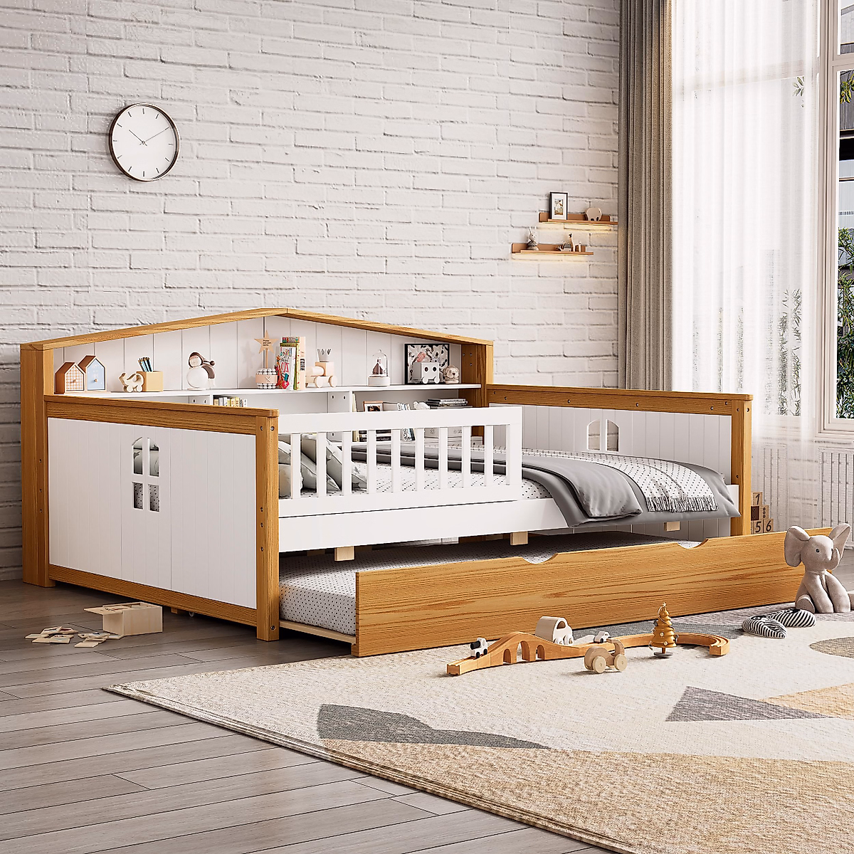 MERITLINE Full Size Daybed with Trundle and Bookcase Headboard, Wood Daybed Sofa Bed with Charming House-Shaped Design,Kids Bed Frames with Windows and Safety Rails,Walnut and White