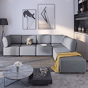 ZAFLY Modular Sectional Sofa Couch, U/L Shaped Couch with Oversized Seats, Ottoman, Convertible Modern Linen Fabric Reversible Chaise, Sofa Sleeper for Living Room, Apartment 120.4" W (Light Gray)