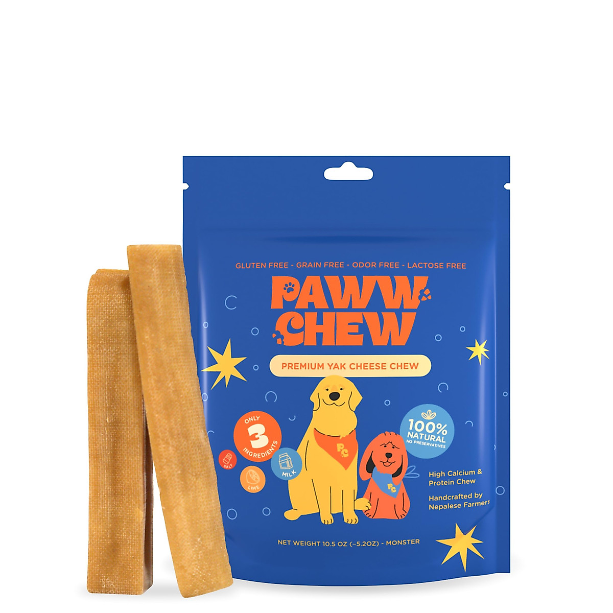Paww Chew Yak Cheese Himalayan Dog Chews - All Natural Long Lasting Dog Treats, (Monster - 2 Pack) Odorless, High Protein Yak Chew, Great For Oral Health, Only 3 Ingredient Yak Bones for Power-Chewers