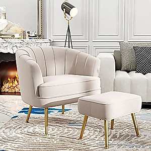 Andeworld Velvet Accent Chair with Ottoman, Upholstered Modern Single Sofa Side Chair,Comfy Barrel Club Living Room Armchair with Golden Metal Legs for Bedroom Living Reading Room Office, Beige