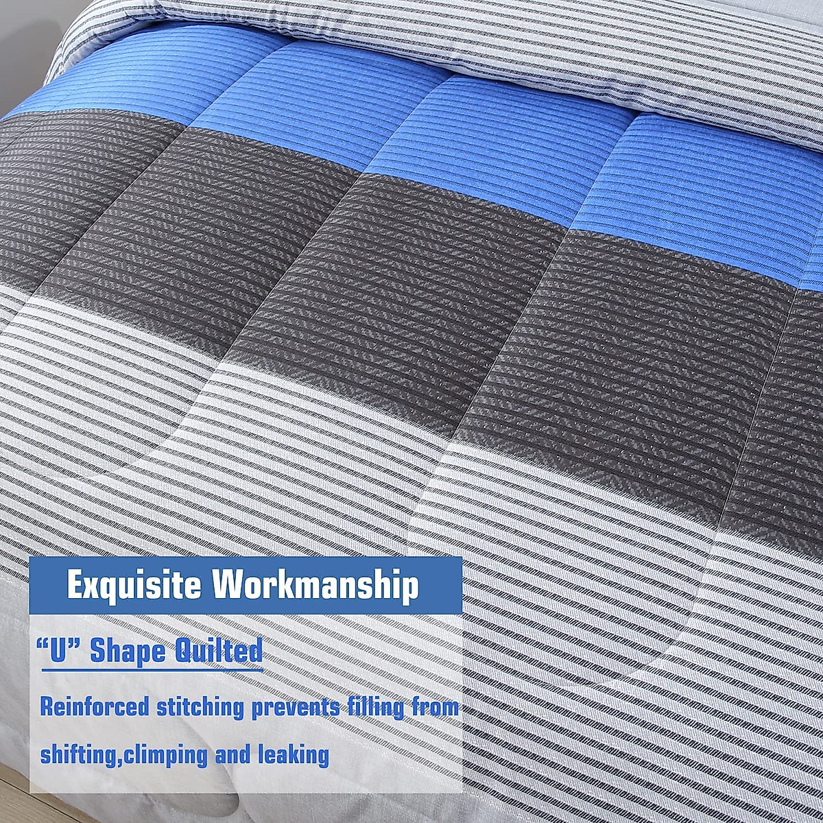 PERFEMET Blue Striped Comforter Set Full Size, 3 Pieces Grey and Blue Patchwork Stripe Bedding Set, Ultra Soft Microfiber Reversible Quilt Set for Teens Boys Adults