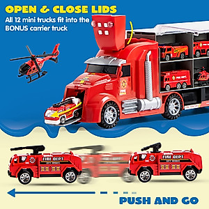 JOYIN 25 in 1 Fire Truck Vehicle Toy Set with Sounds and Lights, Fire Engine Vehicles in Carrier Truck, Mini Rescue Emergency Fire Truck Car Toy, Birthday Gifts for Over 3 Years Old Boys