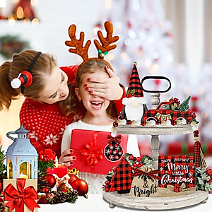 Christmas Tiered Tray Decor Set - Christmas Decorations Indoor, Rustic Farmhouse Wood Bead Garland Buffalo Plaid Gnome Christmas Wooden Sign for Home Kitchen Table Mantel Party Decor