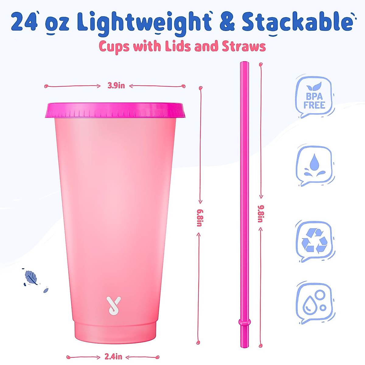 Meoky Plastic Cups with Lids and Straws - 6 Pack 24 oz Color Changing Cups, Iced Coffee Cups, Reusable Tumblers Bulk for Party, Car, Adults, Women, BPA-free (Solid & Patterned)