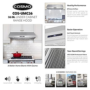 COSMO UMC36 36 in. Haven Collection 380 CFM Ducted Under Cabinet Range Hood, LED Lights, Touch Controls, Stainless Steel