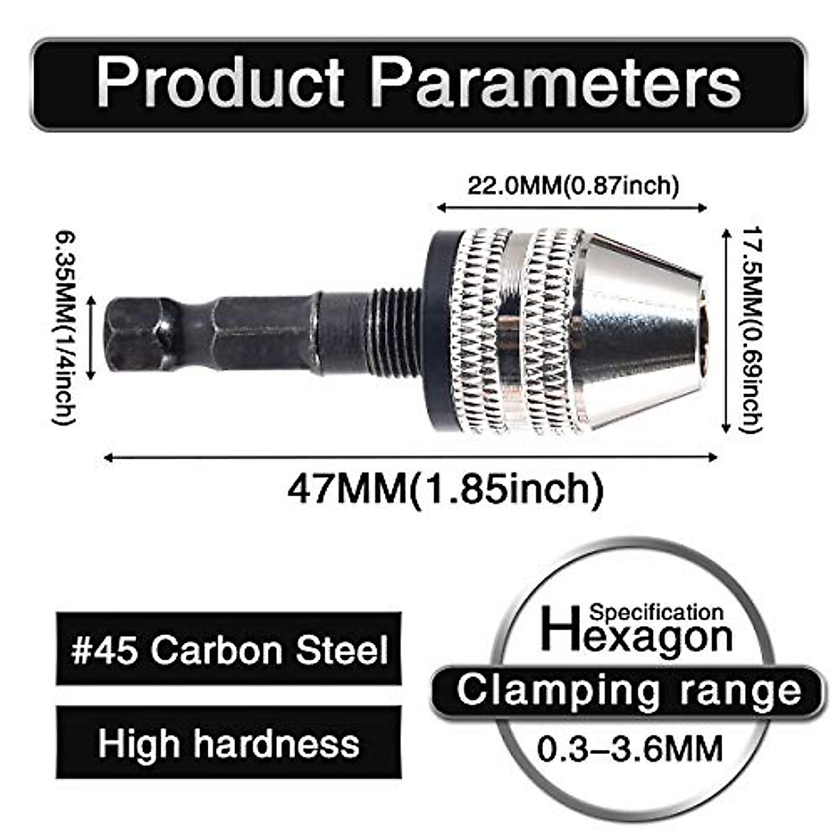 HOHXEN Keyless Mini 3-Jaw Drill Chuck Screwdriver Adapter with Quick-change 1/4" Hex Shank to Hold Straight-shank 0.3-3.6mm Drill Bits Milling Cutters for Micro-production, One Chuck (Not Three)