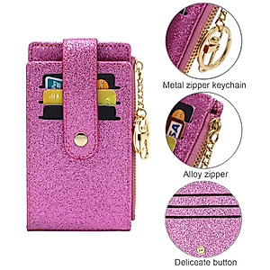 FFpaw Glitter Credit Card Wallet for Women Shiny Small Coin Purse RFID Blocking Card Holder with Key Ring (Shiny Rose)
