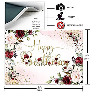 Avezano Happy Birthday Backdrop for Women Burgundy White and Red Rose Gold Glitter Bokeh Spots Photo Background Vinyl Birthday Party Decorations Banner Supplies (7x5ft)