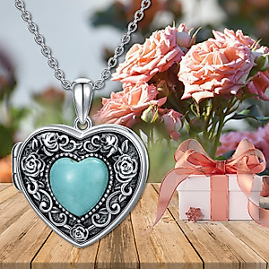 BETHZA Turquoise Heart Locket Necklace That Holds 2 Pictures Sterling Silver Custom Photo Locket Pendant Turquoise Gemstone Jewelry Gifts for Women Grandma(Only Locket Necklace)