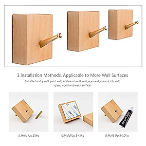 HomeDo Wood Wall Hooks Hat Rack, Wooden Coat Hooks Wall Mounted, Decorative Hooks Single Organizer Hat Hanger Towel Rack, Heavy Duty Hooks (Brass-Beech-4Pack)