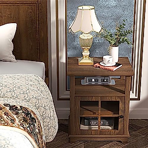 FAGAGA End Table with Charging Station, Side Table with Storage, Wireless Charging End Table for Living Room,Dark Walnut Nightstand with Adjustable Shelf