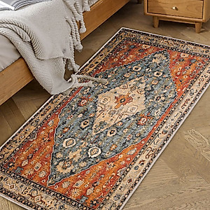 COMSLE Boho Area Rug, 2' x 4' Machine Washable Rugs for Entryway Faux Wool Small Rugs Distressed Throw Rug Non-Slip Floor Carpet for Indoor Bedroom Kitchen Living Room