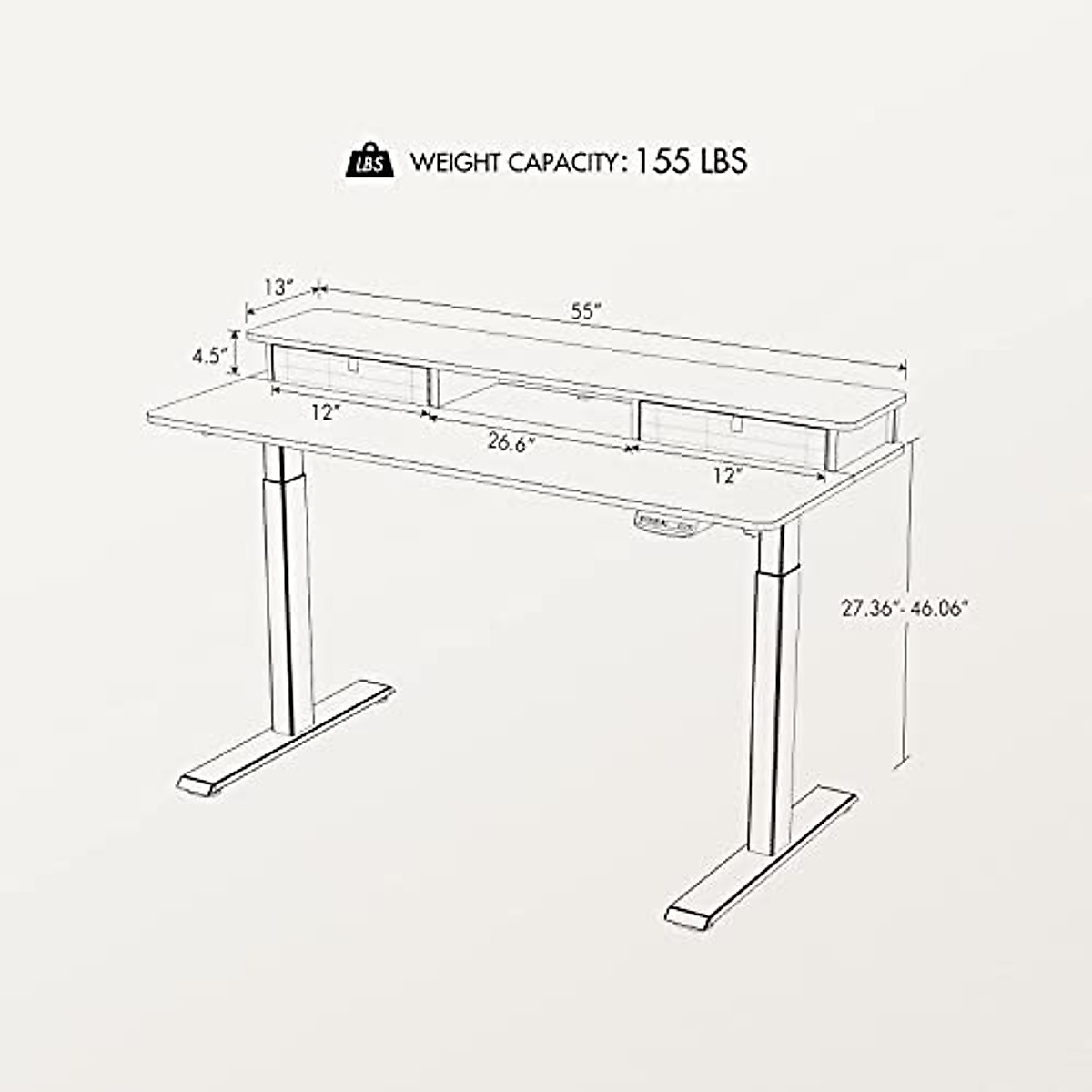 BANTI Electric Standing Desk with Double Drawers, 55x24 Inches Adjustable Height Stand Up Desk, Sit Stand Home Office Desk with Storage Shelf, Rustic Brown Top/Black Frame