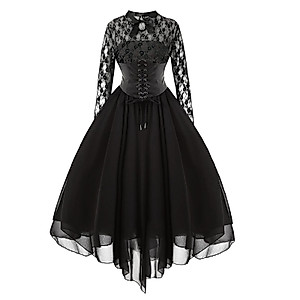 ctdiral Womens Gothic Dress with Corset Sexy Floral Lace Long Sleeve Formal Party Dresses Adult Halloween Costumes Black