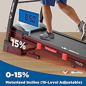 Winfita 4.5HP Foldable Treadmill for Home with 15% Auto Incline, 300 LB Capacity, 10 MPH Speed, 50"x18" Belt, App & Bluetooth Speakers, Charging Port, Tablet Holder, Pause Function, 64 Preset Programs