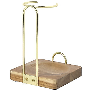 MyGift Modern Acacia Wood Upright Kitchen Spatula Utensil Holder Spoon Rest with Brass Tone Metal Wire, Countertop Vertical Standing Ladle Holder