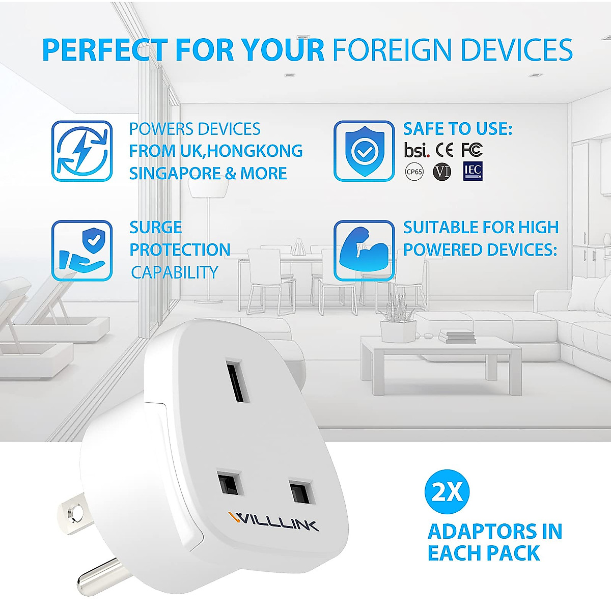 UK to US Plug Adapter [2pack], United Kingdom Plug to America Converter, Convert Type G Plugs from Britain Singapore HK Qatar Saudi UAE Ireland to USA Type B (White)