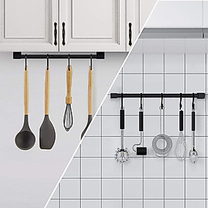 KAIYING Kitchen Utensil Rack with Removable S Hooks for Hanging Pots and Pans, Rod Hooks for Mugs, Wall Mounted Kitchen Rail Organizer, Aluminum,(Black-5 Hooks) (Anodized Black, 10 Hooks)