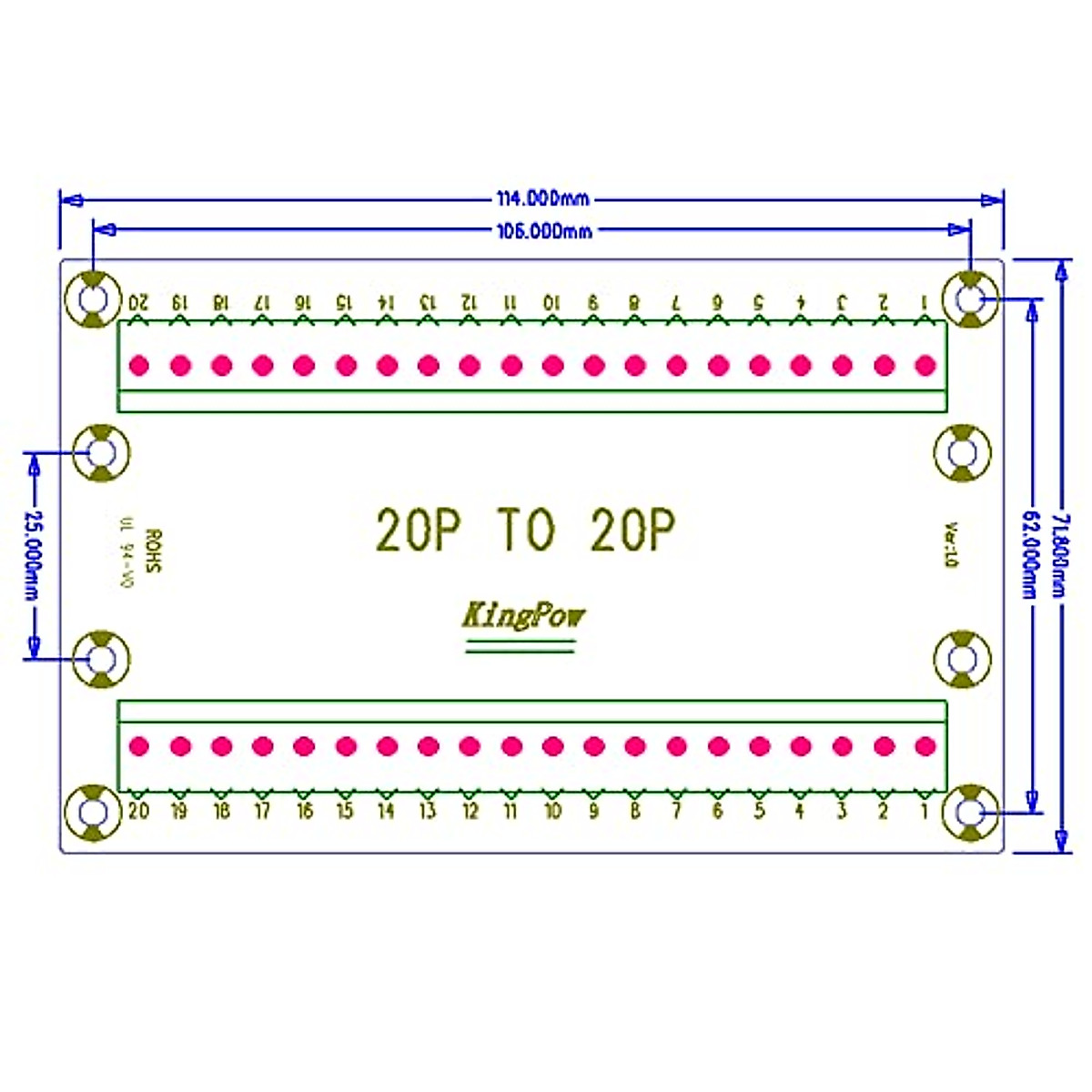 Jienk DIN Rail Mount 10A 300V 20Position 20P to 20P Screw Terminal Block Distribution Module