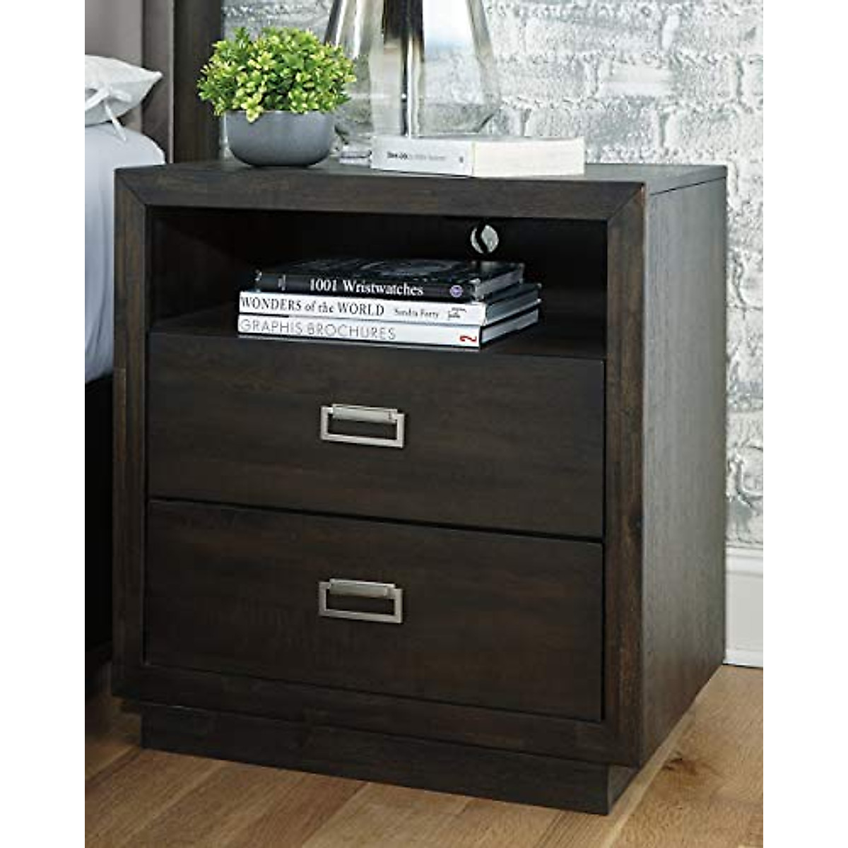 Signature Design by Ashley Hyndell Contemporary 2 Drawer Nightstand with Open Cubby Storage, 2 Electrical Outlets & 2 USB Charging Ports, Espresso Brown