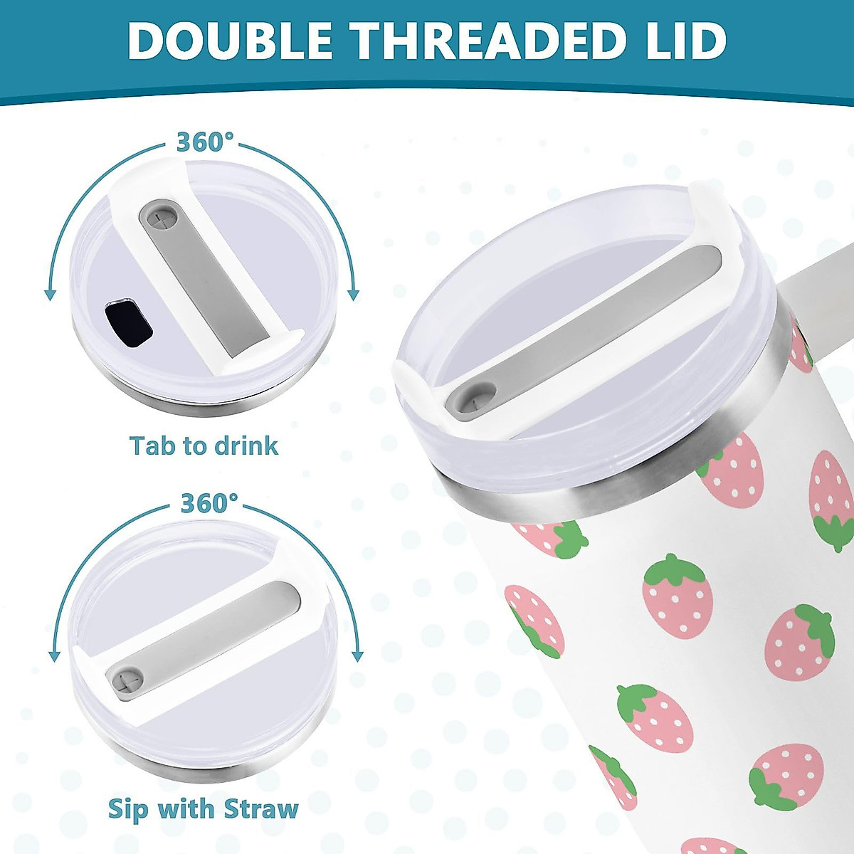 YNNALE 40 oz Tumbler with Straw & Handle - 2 in 1 Lids Leak Proof Tumblers - Large Insulated Stainless Steel Cup - BPA-Free Water Bottle Travel Metal Mug for Women Man,Cute Light Pink Strawberry