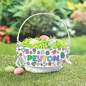 Floral and Heart Theme DIY Personalized Easter Egg Basket with Handle and Custom Name | Color It Yourself Easter Basket Liners | White Basket | Woven Easter Baskets for Kids | Customized Easter Basket