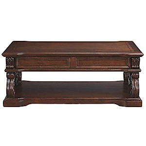 Signature Design by Ashley Alymere Traditional Lift Top Coffee Table, Hand-Finished with 2 Storage Drawers and Fixed Floor Shelf, Dark Brown
