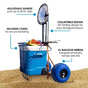 Folding Beach Cart with Balloon Wheels, Rolling Cooler Dolly with Big 13 Inch Large Sand and Beach Tires (White)