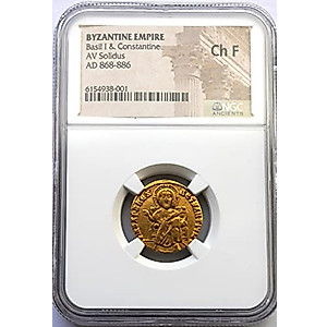 TR 868-886 AD Byzantine Empire under Emperors Basil I and Constantine, Authenticated Medieval Gold Coin of the Middle Ages Solidus Choice Fine NGC