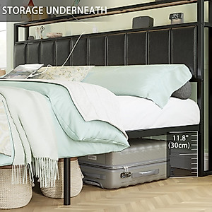 AMERLIFE LED Bed Frame with Drawers, Queen Platform Bed Frame with 2-Tier Storage & Leather Upholstered & Charging Station Headboard, No Box Spring Needed, Easy Assembly, Noise Free, Black