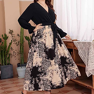 Cnebo Business Dresses for Women Women's Plus Size Spring and Summer V Neck Floral Print Decoration Ruffled Long Sleeved Solid