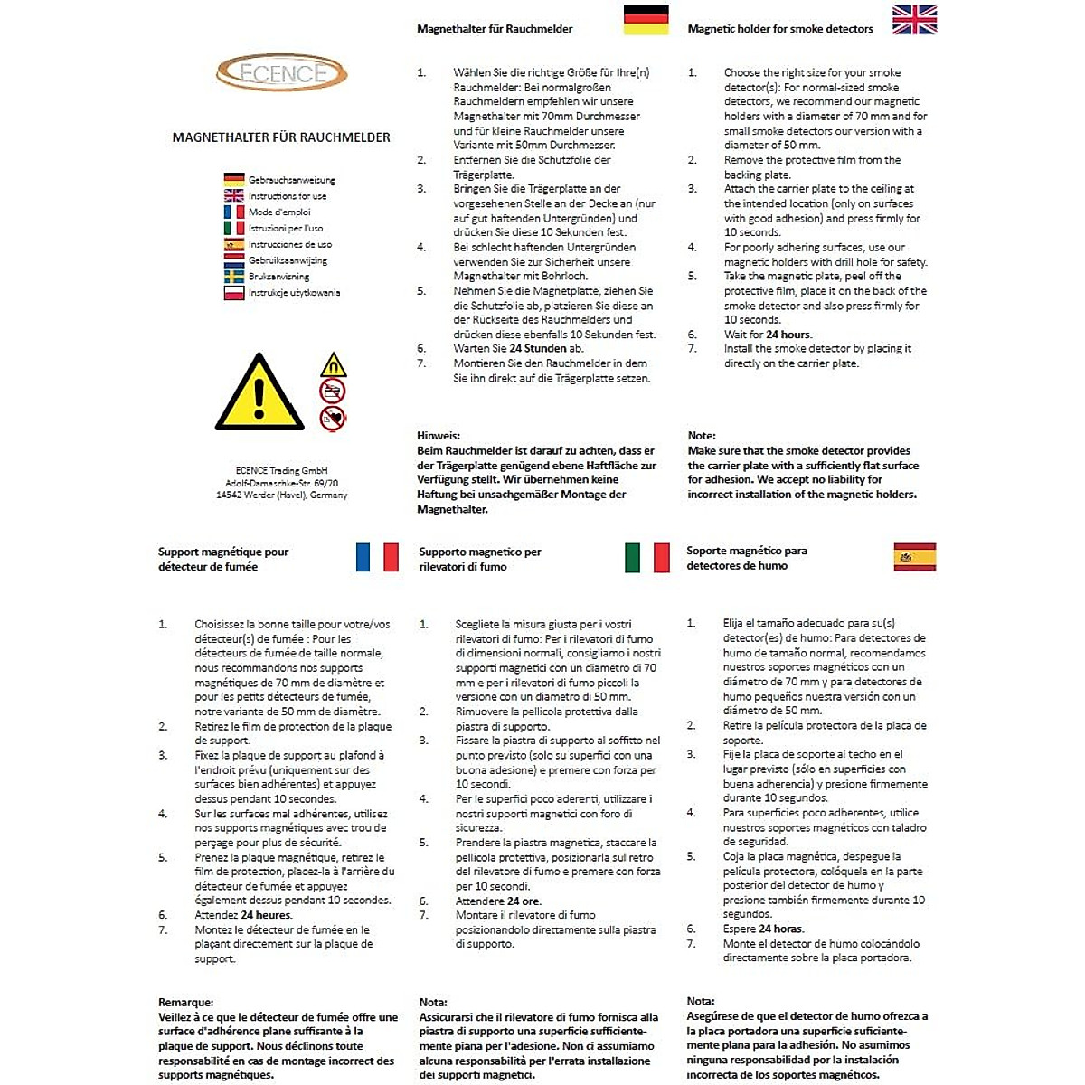 ECENCE Magnetic Smoke Detector Installation Tool 5pcs Magnetic Adhesive Pads with hole and 3M Glue For Smoke Alarms Ø 70mm, No Drilling Or Screws, Quick and Easy Fastening