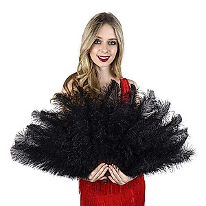 ZUCKER Large Ostrich Floss Feather Hand Fan - Flapper Folding Fan Dance, Wedding Accessory, 1920s Vintage Style Costume Party – Burlesque Showgirl Fan Dance